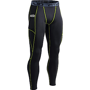 ATHLIO Men's Compression Pants Running Tights Workout Leggings, Cool Dry Technical Sports Baselayer, Pocket 2pack Leggings Black & Neon/Charcoal, Medium