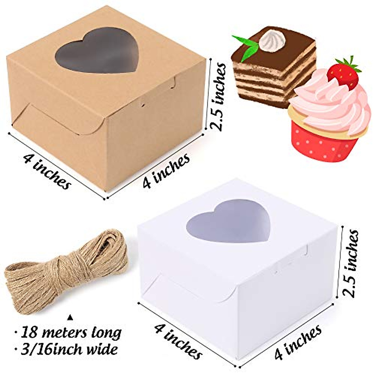 VGOODALL 14 PCS White and Brown Bakery Boxes with Window 4x4x2.5 Inches Cupcake Gift Boxes,18M Linen Ribbon for Bakery Wrapping Party Favor Packing Treat Box