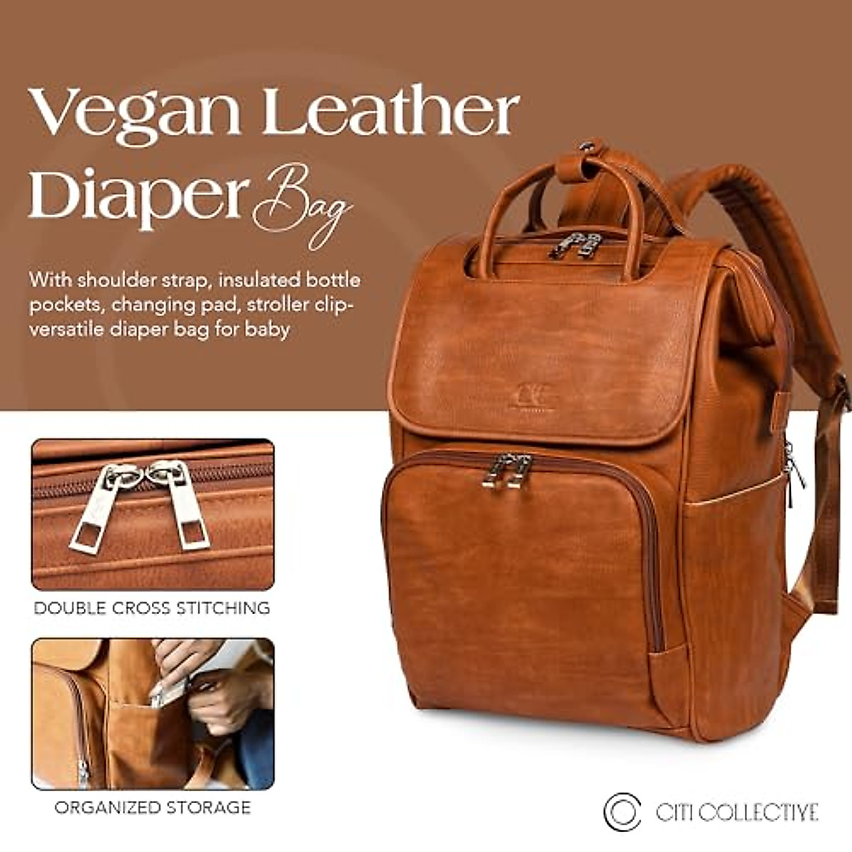Citi Collective Explorer Brown Diaper Bag Backpack - Vegan Leather Diaper Bag with Shoulder Strap, Insulated Bottle Pockets, Changing Pad, Stroller Clip- Versatile Diaper Bag for Baby