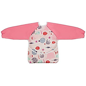Hi Sprout Infant Toddler Baby Waterproof Sleeved Bib, Bib with Sleeves&Pocket, 6-24 Months (Pink Fish)