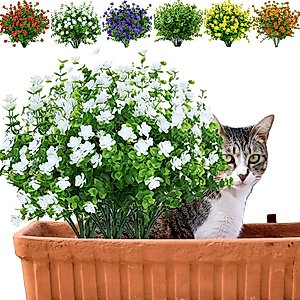 Little Chain 8PCS Artificial Fake Outdoor Plants Flowers UV Resistant Faux Flowers Indoor Outside for Decoration Hanging Planter Wedding Garden Patio Office Home Decor White