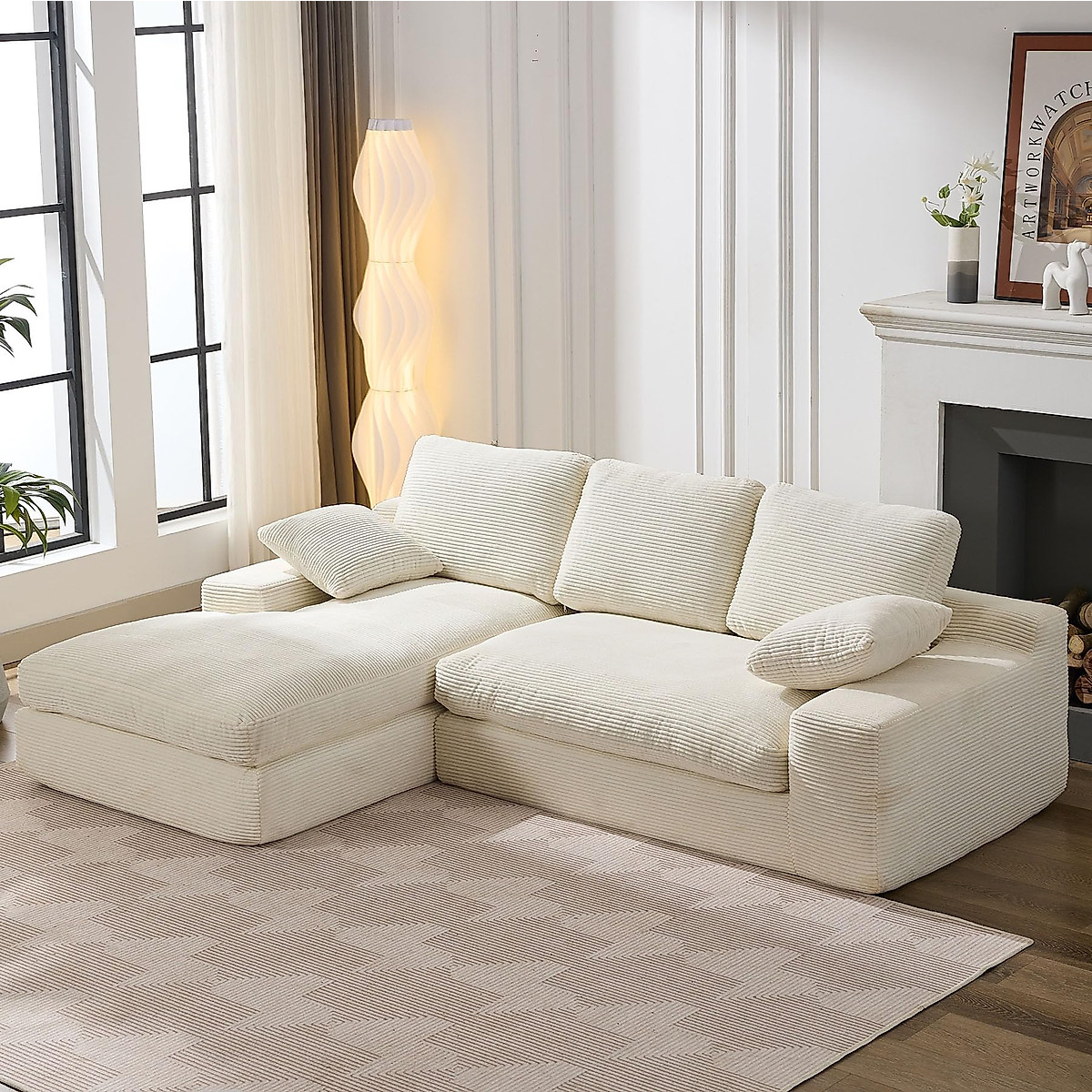 Nolohoo L Shape Sectional Sofa Cloud Couch with Comfy Chaise, Upholstered Deep Seat Corduroy Couch for Living Room, 2 Piece Modular Sectional Floor Sofa, No Assembly Required, Cream White