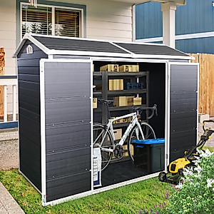 Ball & Cast 4x8 FT Resin Outdoor Storage Shed,Waterproof Garden Organizer Tool House with Floor & Two Windows,Backyard Cabinet w/Lockable Door and Ventilation,Shelter for Car,Bike,Lawnmower,Black
