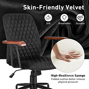 Giantex Home Office Desk Chair Black, Vintage Adjustable Swivel Rolling Chair with Copper Wheels & Armrest, Mid Century Leisure Chair, Velvet Upholstered Computer Chair for Work, Study