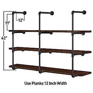 HITOMEN Industrial Iron Pipe Shelves Shelf Brackets Black Vintage Retro Shelving Wall Mounted DIY Open Bookshelf Rustic Farmhouse Pantry Kitchen Storage (3Pcs 4 Tier, 42" Tall 12" Deep, Hardware Only)