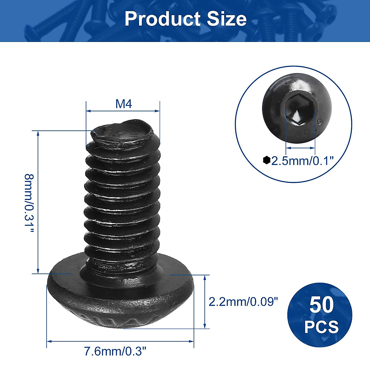 MroMax 50Pcs M4 x 8mm Button Head Socket Cap Bolts Screws, Alloy Steel 10.9 Grade, Allen Socket Drive, Black Oxide Finish, Fully Machine Thread
