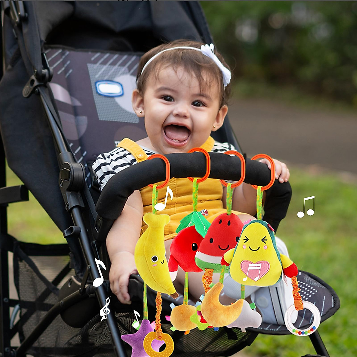 KAKIBLIN Baby Hanging Toys, 4 Pack Carseat Toys,Early Baby Cognitive Sensory Hanging Bassinet Toys,Soft Hanging Toys for Crib Stroller Baby Gym Mobile Plush Toys,Suitable for Babies 0-12 Months,Fruit