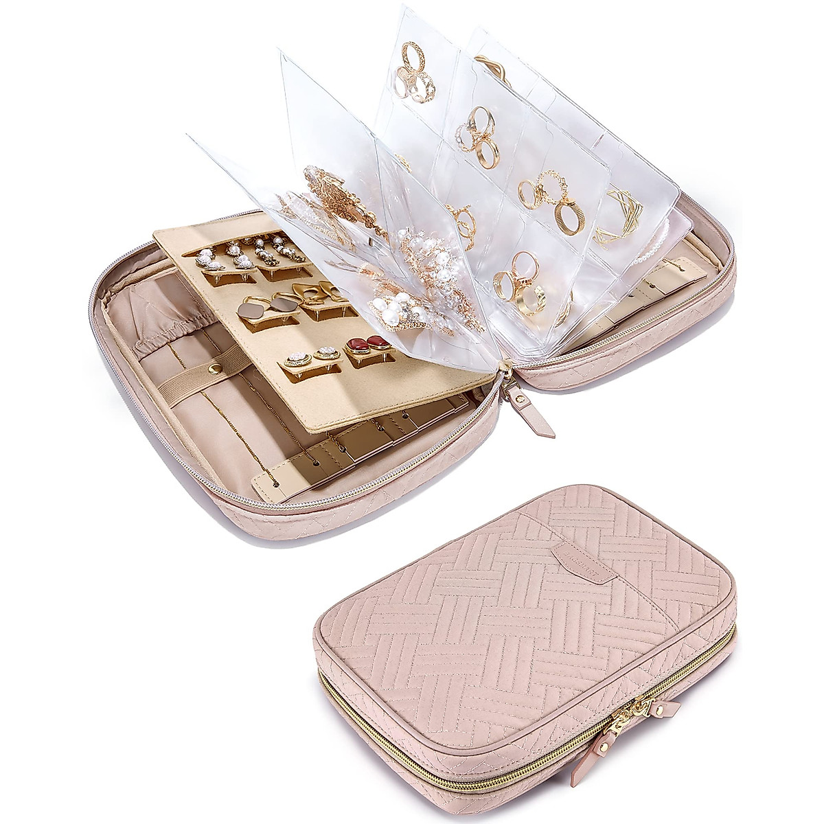 BAGSMART Jewelry Travel Organizer Case with Travel Makeup Bag, Transparent Jewelry Storage Book Ring Binder Jewelry Bags Clear Booklet Zipper Pouch Cosmetic Bag Make Up Organizer Case