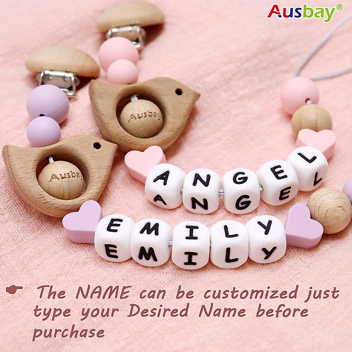 Personalized Stroller Clip with Name, Wooden Bird Shape (Pink)