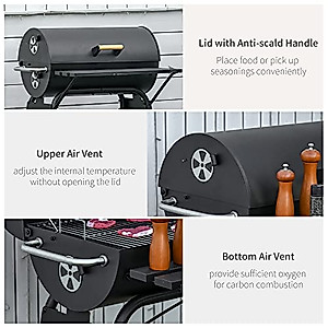 Outsunny 30" Portable Barrel Charcoal BBQ Grill with 4-Position Adjustable Charcoal Rack, Carbon Steel Outdoor Barbecue Smoker with Storage Shelf, Wheel, for Garden Camping Picnic