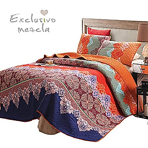Exclusivo Mezcla Cotton Boho Twin Size Quilt Set, Soft Reversible Bohemian Bedspreads Lightweight Bedding Set Bed Cover for All Seasons, 2 Piece (1 Quilt, 1 Pillow sham)