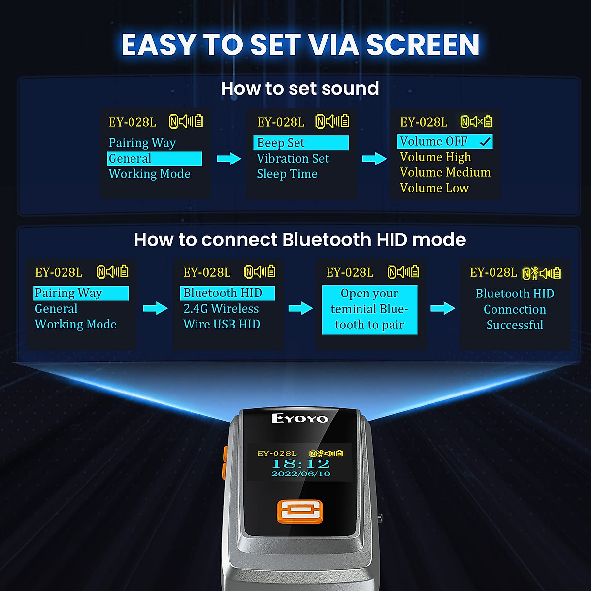 Eyoyo Mini Bluetooth Barcode Scanner with LCD Display,1D Laser Portable USB Wireless Book Bar Code Scanner Reader for Library Classroom Inventory, Compatible with iPhone iPad Android iOS POS Laptop