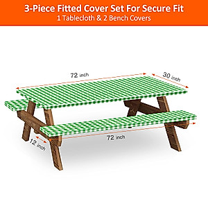 Picnic Table and Bench Fitted Tablecloth Cover, 3 Pack Set, KENOBEE Flannel Backing Elastic Edge Waterproof Wipeable Plastic Cover Fitted Vinyl Tablecloth for Home Goods Outdoor Patio,Green-White