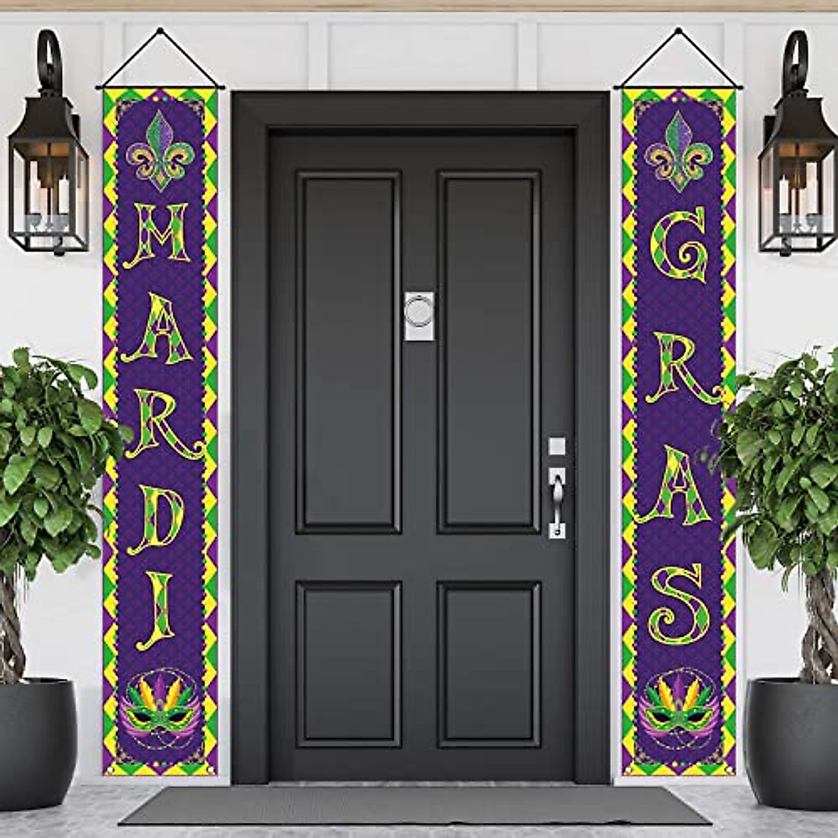 Linen Mardi Gras Porch Banner Carnival Party Decorations Purple Yellow Green Diamond Lattice Front Door Sign Wall Hanging Decorations and Supplies for Home Office