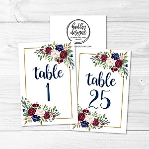 Hadley Designs 1-25 Burgundy Floral Table Number Double Sided Signs For Wedding, Restaurant Birthday Party Set Calligraphy Printed Numbered Card Centerpiece Decoration Reusable Frame Stand 4x6 Size