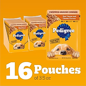 PEDIGREE CHOPPED GROUND DINNER Adult Soft Wet Dog Food, Beef, Bacon & Cheese Flavors, 3.5 oz Pouches, 16 Pack