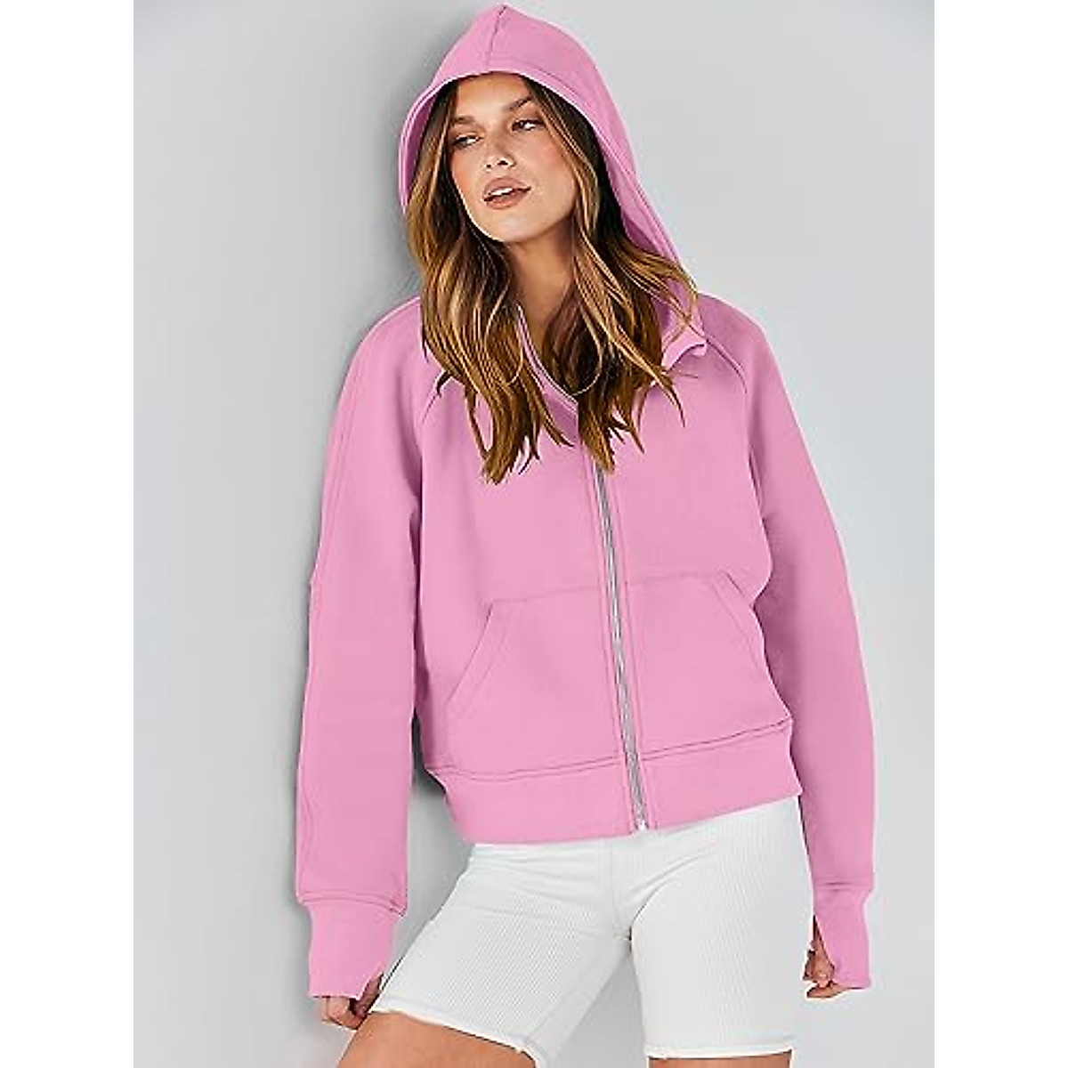 ANRABESS Women's Zip Up Cropped Hoodie Oversized Fall Sweatshirts Y2k Jacket Workout Crop Tops Rib Knitted Casual Long Sleeve Shirts Comfy Clothes A1015fense-M Pink