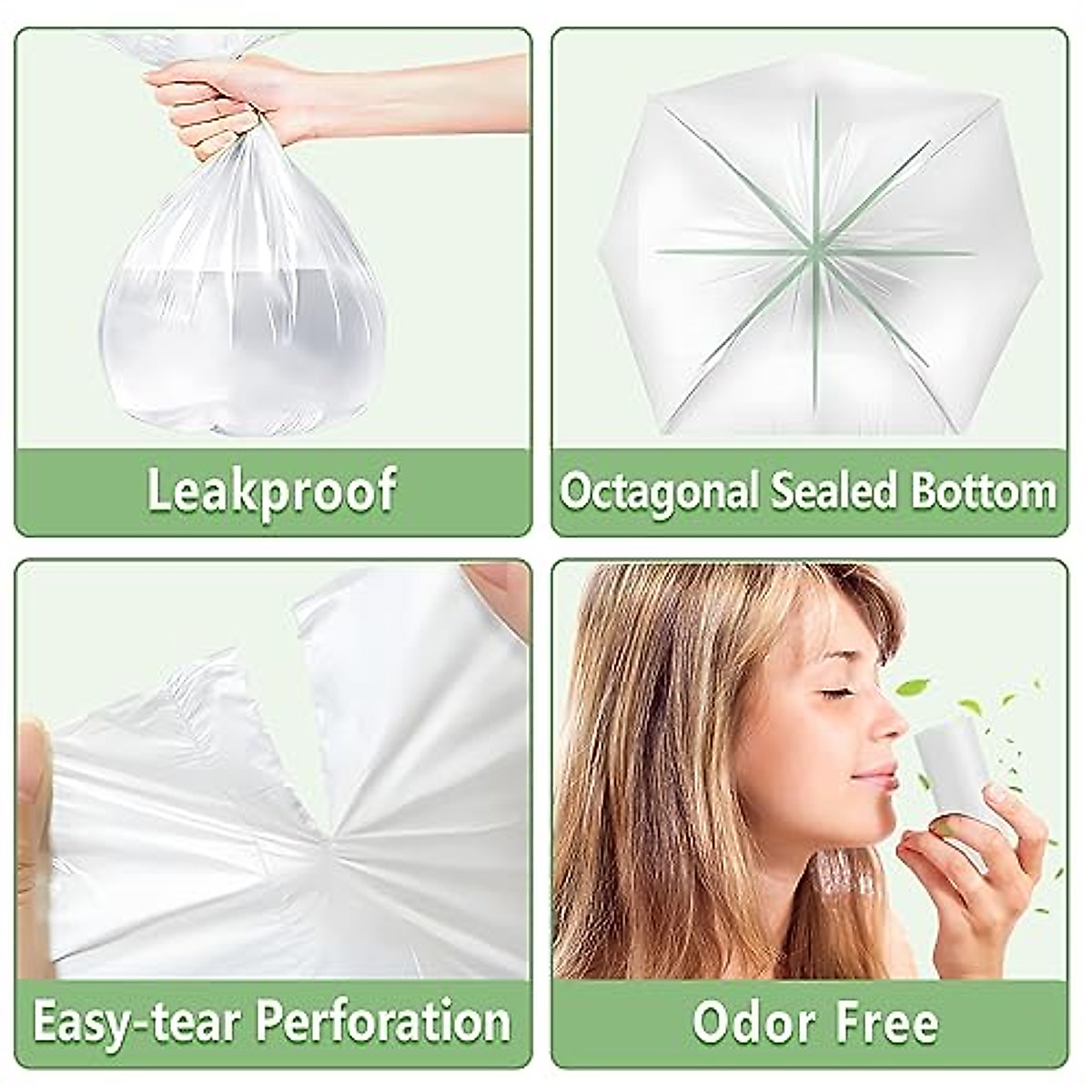 Qunbive 4 Gallon Trash Bag, Leakproof Small Garbage Bags, Biodegradable Trash Bags, Sturdy Mini Small Trash Bags for Bathroom Office Kitchen (White/Green 100 Count)