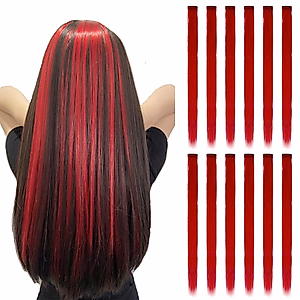 12PCS Colored Red Hair Extensions Straight Multicolor Clip in Colorful 20 Inch Rainbow Hair Extensions for Kids Women's Gifts Halloween Christmas Party Highlights (12pcs Red)