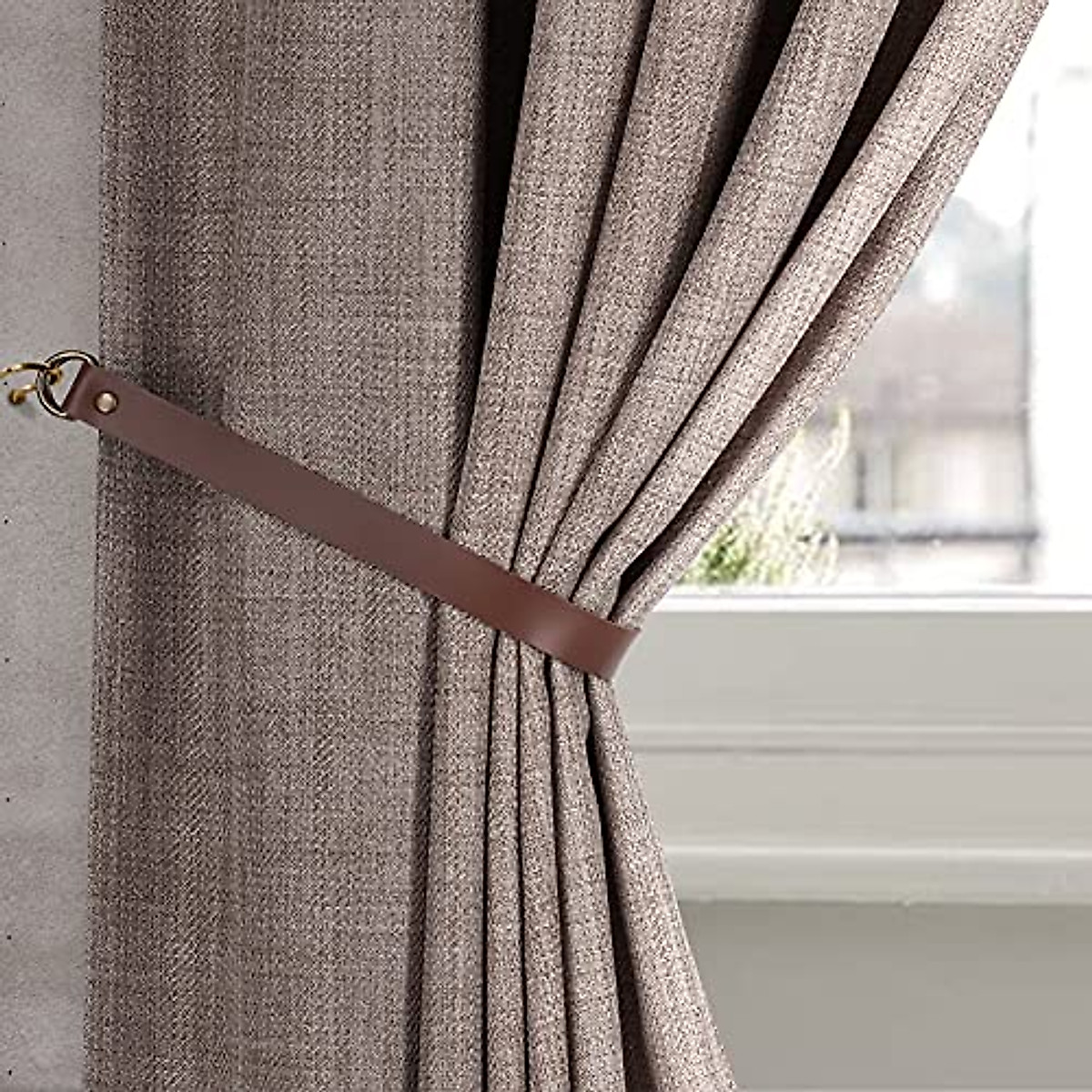 Home Queen Leather Curtain Tie Backs Attach to Wall, Outdoor Drape Holder Holdbacks Tiebacks with Wall Hooks, 4 Pack, Chocolate
