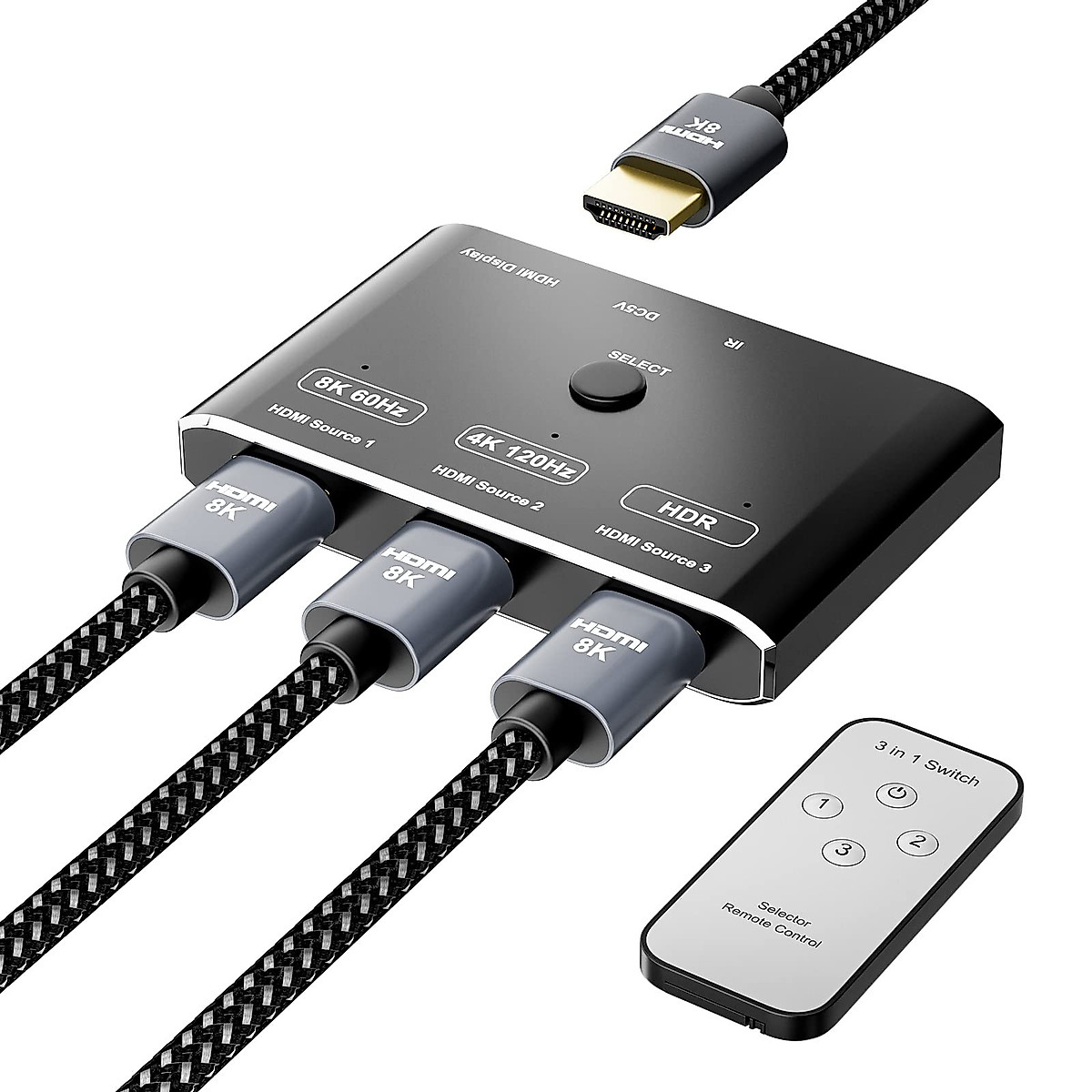 CABLEDECONN 3 Port HDMI 2.1 HDR 3In 1Out 8K Switcher with Remote Control Directional 8K@60Hz 4K@120Hz HDR 48Gbps 3D HDMI Video Converter Compatible with PS5 Xbox x HDMI TVs Monitors