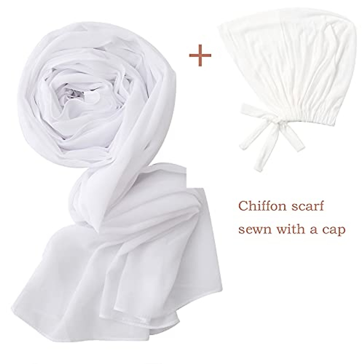 Yeieeo Women's Pre-Sewn Head Scarf Wrap Shawls Stretch Scarf Hijab Cap Chiffon Scarf with Under Caps for Hijabs (White)