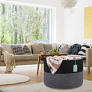 BOSROTY Large Laundry Hamper Basket for Clothes 72L, Nursery Hamper, Blanket Basket, Clothes Basket Laundry, Woven Storage Basket, Toy Basket, Cotton Rope Laundry Basket, 16”x 22”, Black & Gray