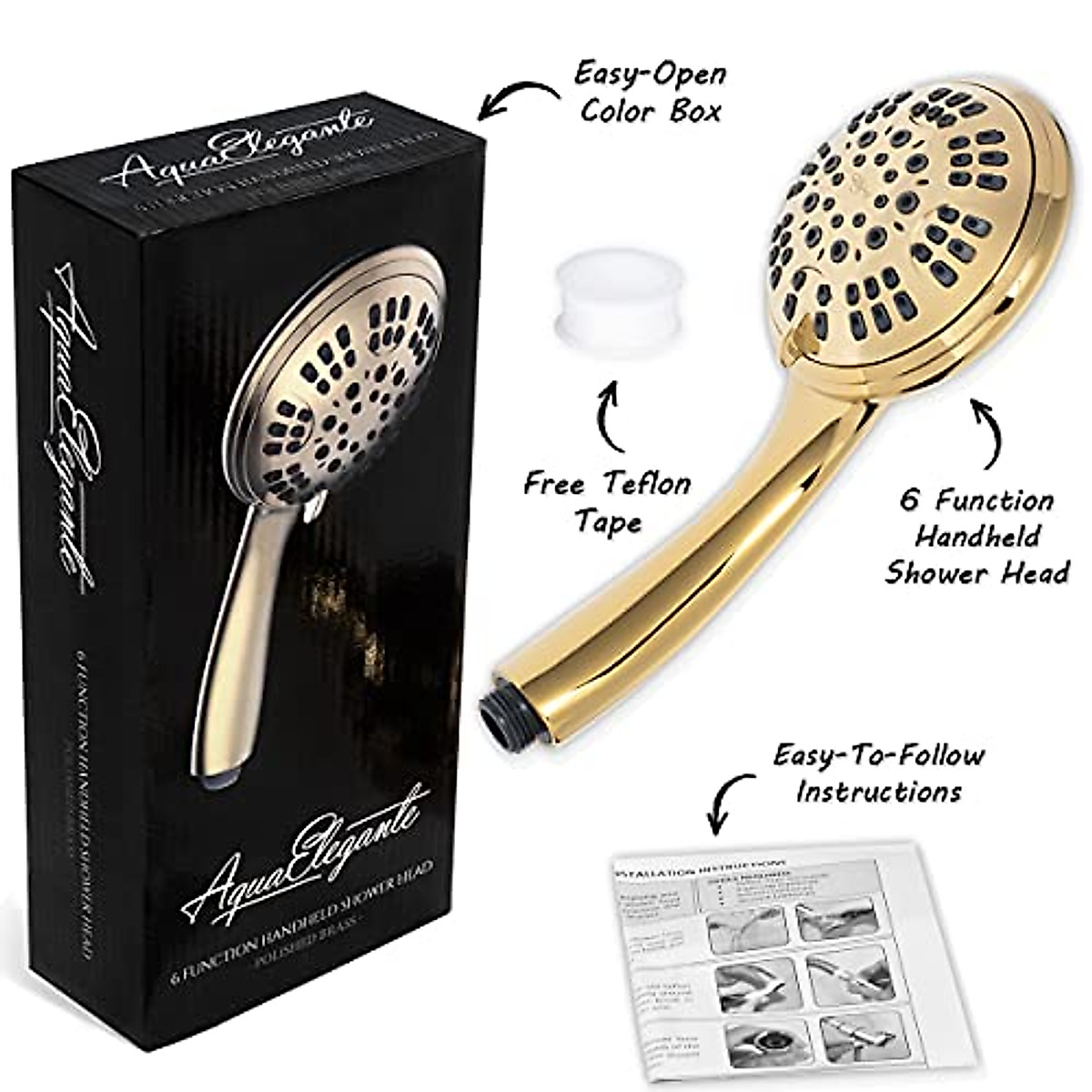 Aqua Elegante 6 Function Luxury Handheld Shower Head - Adjustable Pressure Rainfall Spray With Removable Nozzle, Polished Brass