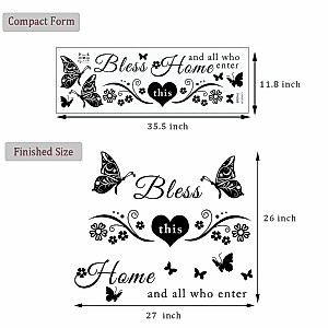 Vinyl Wall Stickers Quotes Wall Art Decal Sticker Bless This Home and All Who Enter Wall Decals Flowers Butterfly Wall Decor Sticker for Entryway Living Room Home Decor.