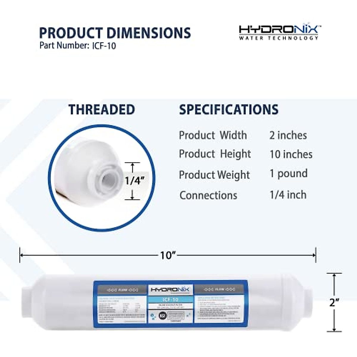 Hydronix ICF-10 RO Reverse Osmosis Post Polishing, Fridge and Ice Inline Coconut GAC Water Filter, 2000 Gal, 1/4" NPT