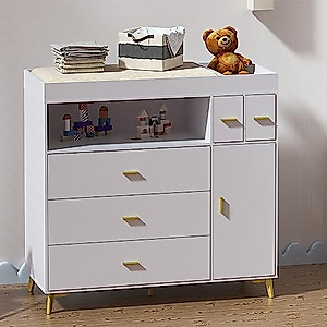 PakaLife Changing Table with Drawers, White Drawer Dresser,Changing Table Dresser with 5 Drawer & Cabinet