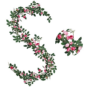 Whaline 54Pcs Rose Flower Garland Double Pink Fake Rose Vine Garland with Green Leaves 5.7ft Artificial Hanging Floral Garland Realistic Flowers String for Home Wedding Party Garden Craft Wall Decor