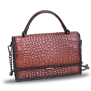 Genuine Leather Handbags for Women Retro Handmade Small Satchel Purse Luxury Top Handle Real Leather Embossed Design Crossbody Bag (Coffee)