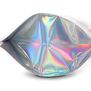 100Pcs Stand Up Holographic Reclosable Zip Lock Bags Heat Sealable Aluminum Foil Plastic Pouch Food Storage Coffee Snack Bag Colored Retail Sample Bag Silver 5.5×7.9in (14×20cm)
