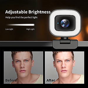 60FPS Webcam with Ring Light, Auto-Focus 1080P Web Camera with Dual Microphone and Privacy Cover，Streaming Webcam for YouTube, Skype, Zoom, Twitch, OBS, Xsplit and Video Calling