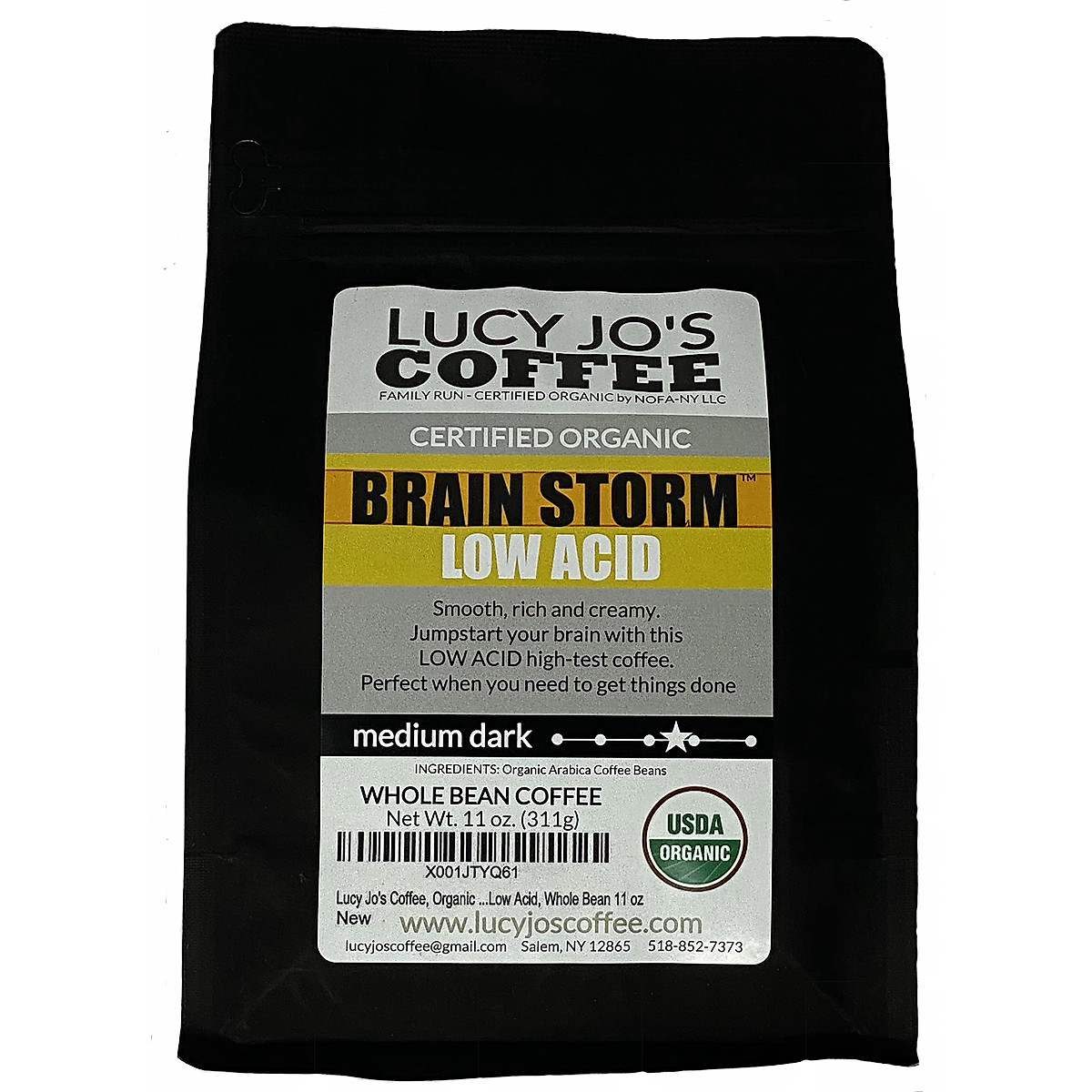 Lucy Jo's Coffee, Organic Brainstorm, Low Acid, Medium Dark, Whole Bean 11 oz