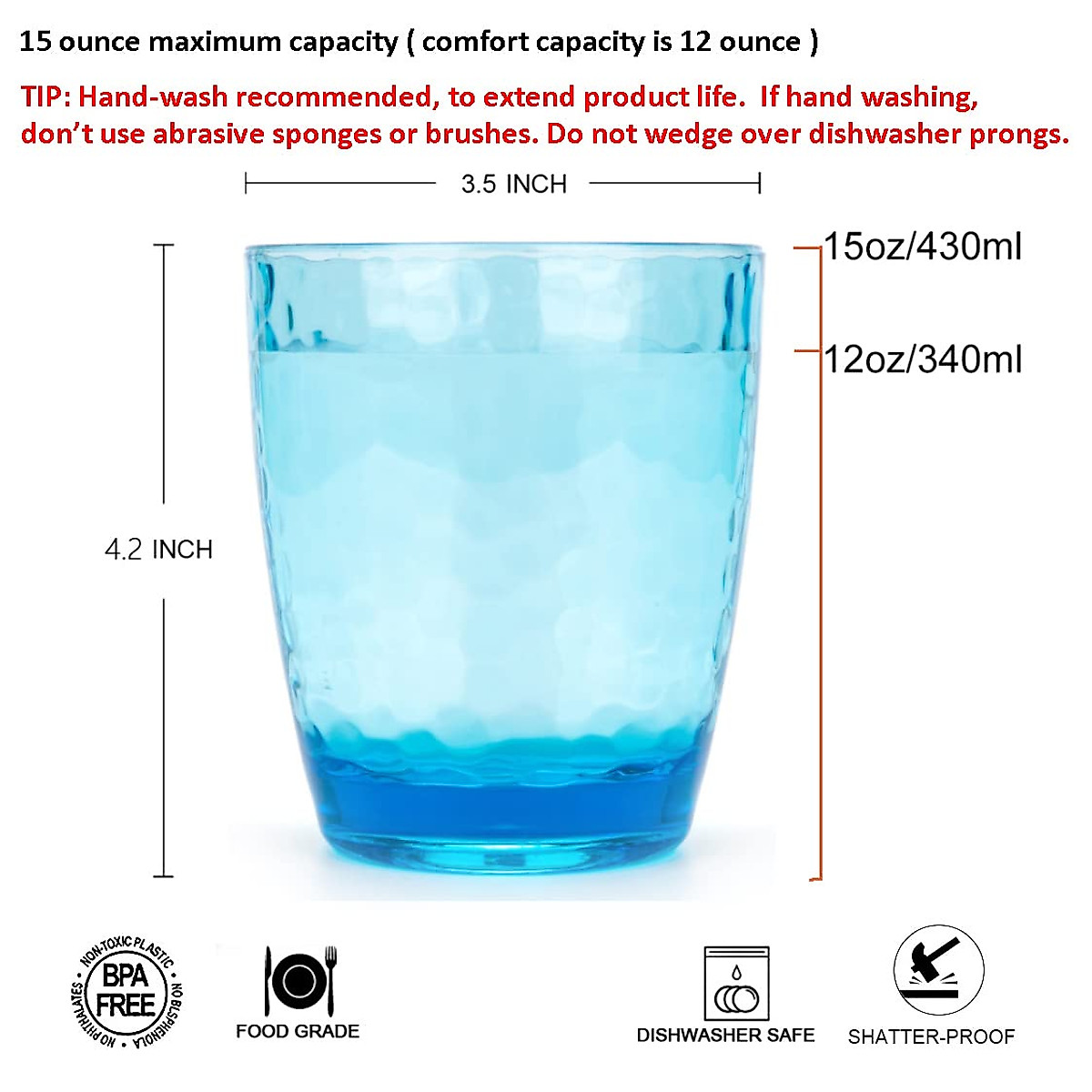 KOXIN-KARLU Hammered 15-ounce Plastic Tumbler Acrylic Glasses, set of 6 Multicolor