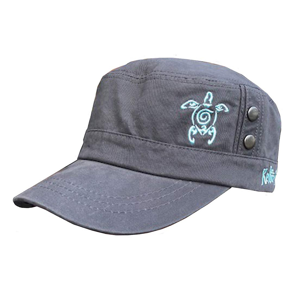 Womans Cadet Cap with Ocean Beach Theme, Short Brim Baseball Hat Featuring Celtic Design Sea Turtle (Gray with Turquoise Blue Turtle)
