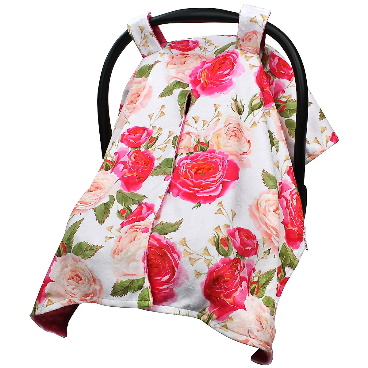 Baby Car Seat Canopy Cover - Hot Pink on White Roses
