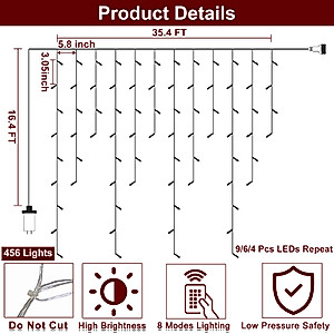 456 LED Christmas Icicle Lights Outdoor Decor 35.4Ft 72 Drops 8 Modes Plug In Window Curtain Fairy String Lights Dripping Icicle Lights Christmas Decoration Home Holiday Indoor Eave Garden(Warm White)