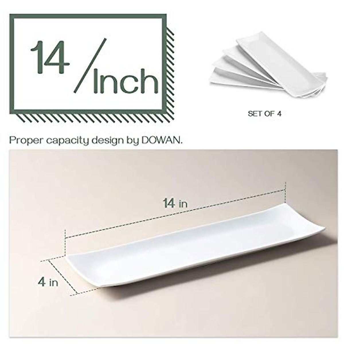 DOWAN (Set of 8) 14" Porcelain Sushi Plate for Appetizer, Meat, Dessert, Dishwasher&Oven Safe & DOWAN 12" Rectangle Serving Plates, for Thanksgiving Appetizers, Snacks, Lunch, Chips, Party