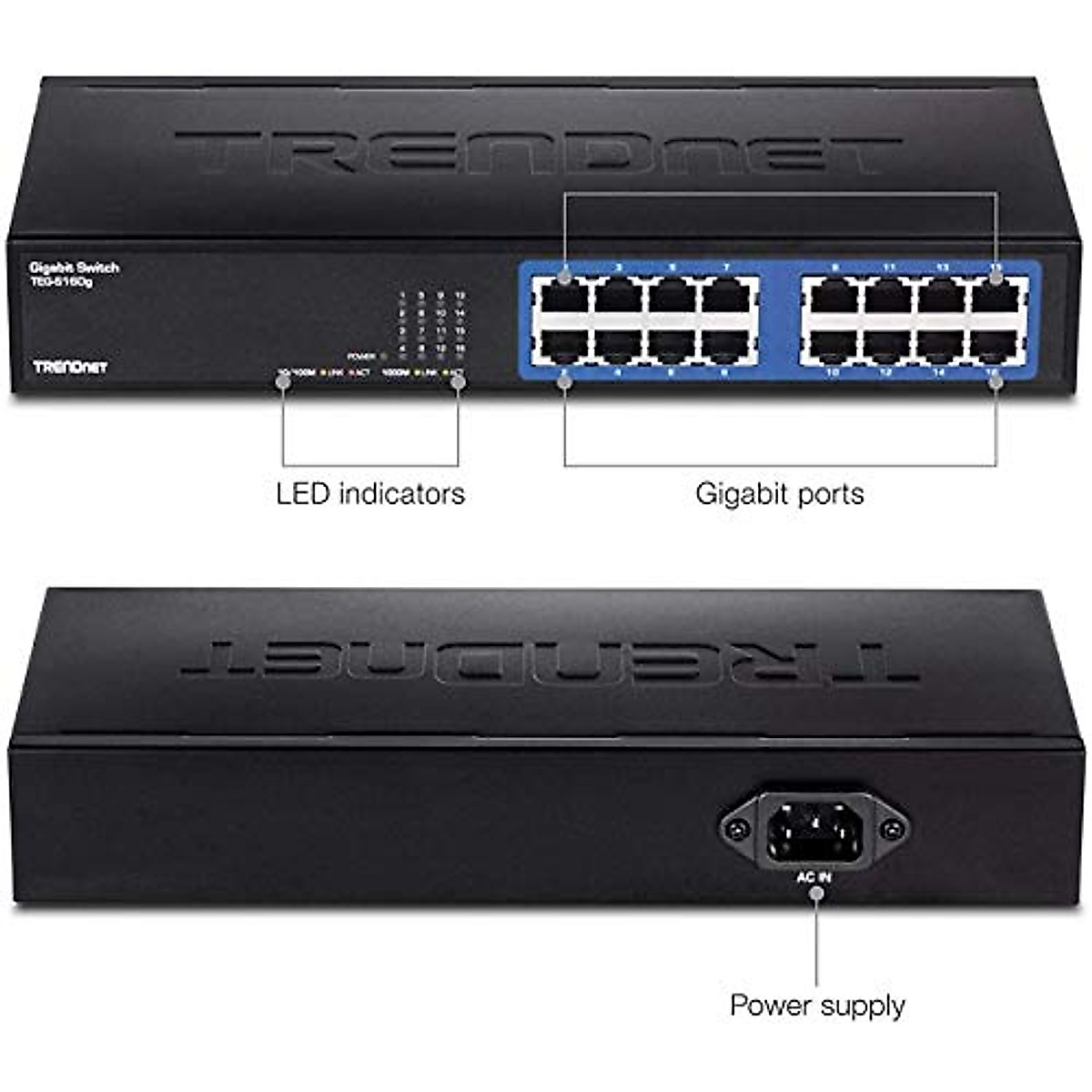 TRENDnet 16-Port Unmanaged Gigabit GREENnet Desktop Metal Switch, Ethernet Splitter, Fanless,16 x RJ-45 Ports, 32 Gbps Forwarding Capacity, TEG-S16DG