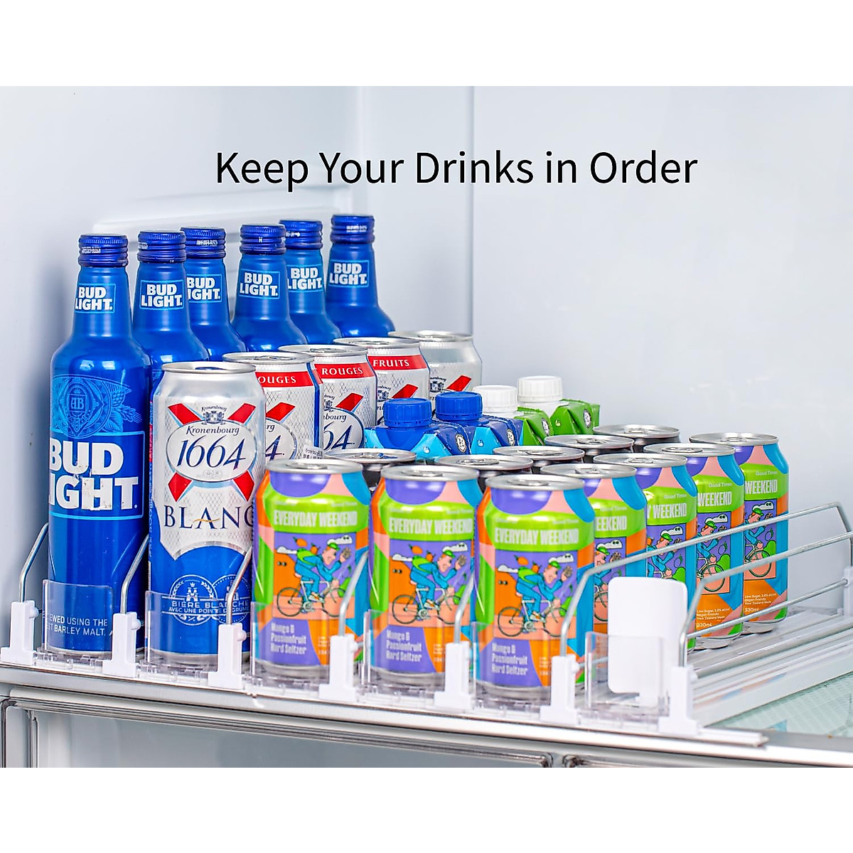 Baraiser Drink Organizer for Fridge, Self-Pushing Soda Can Organizer for Refrigerator, Width Adjustable Pusher Glide, Automatic Drink Dispenser (6 Rows, White)