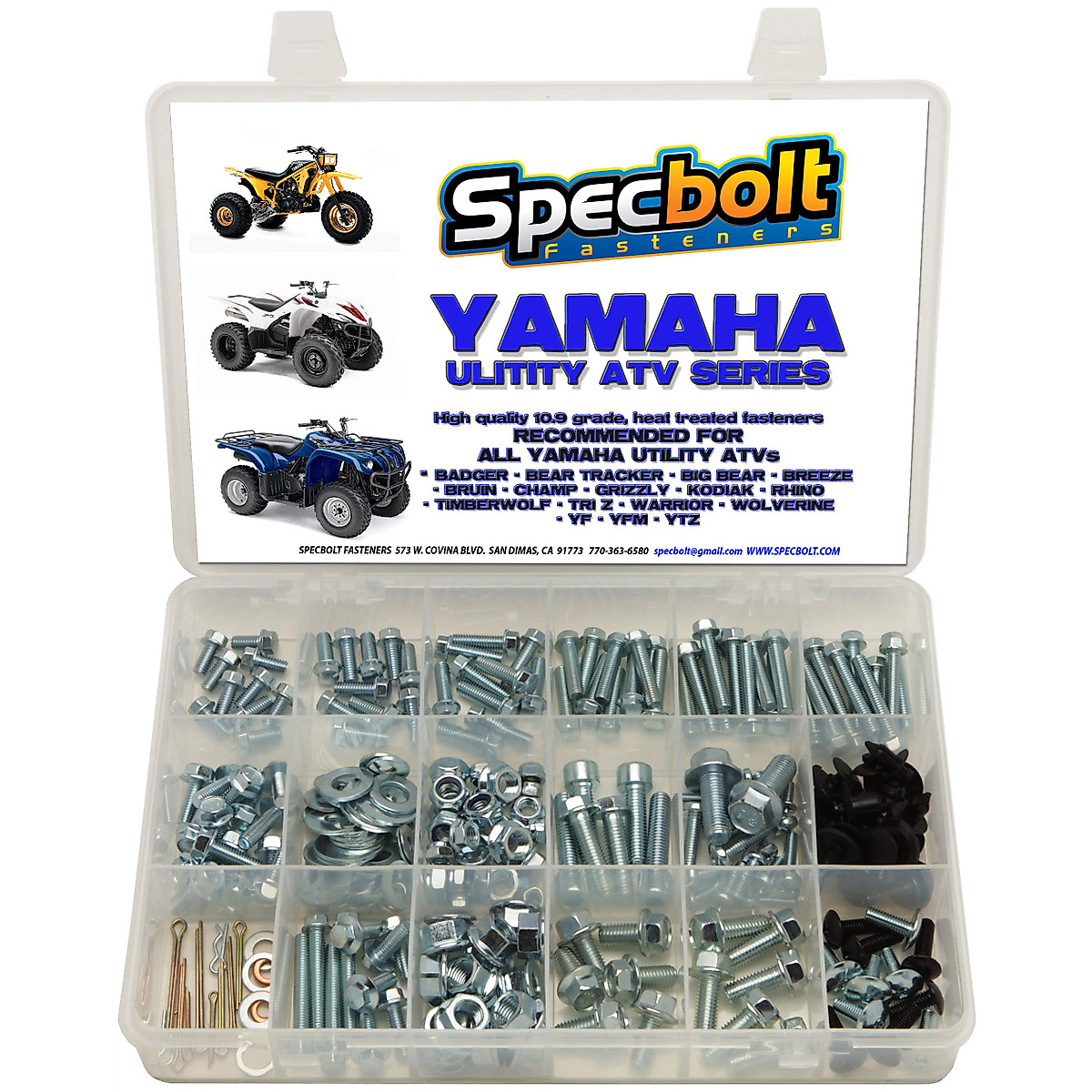 250pc Specbolt Bolt Kit for Yamaha Utility ATV Including All Grizzly Warrior Wolverine Big Bear Tracker Breeze Timberwolf Rhino YFM YTZ for Maintenance & Restoration Using Spec Fasteners for Quads