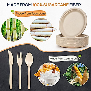 Gezond 250Pcs Disposable Paper Plates Set, Compostable Plate Sugarcane Utensils Eco Friendly Dinnerware Kit Includes 50 Biodegradable Plates, Forks, Knives and Spoons for Brithday Party Camping