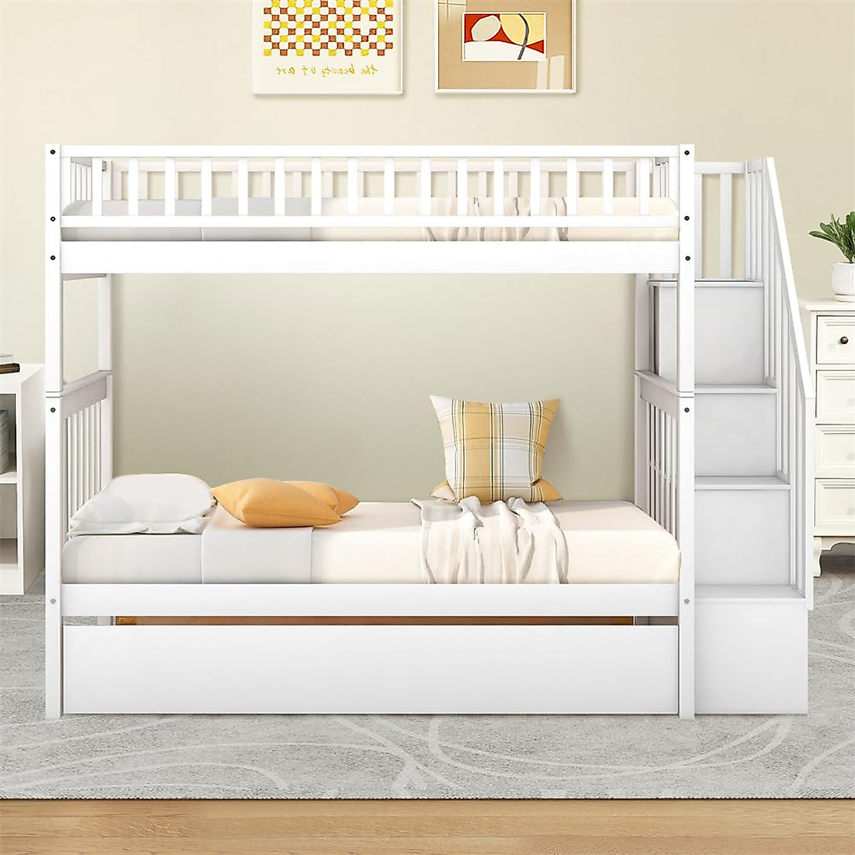TURRIDU Twin Over Twin Bunk Bed with Twin Trundle & Staircases, Wood Bunk Bed Frame with Safety Rails for 3 Teens Adults, Convertible into 2 Platform Beds, White