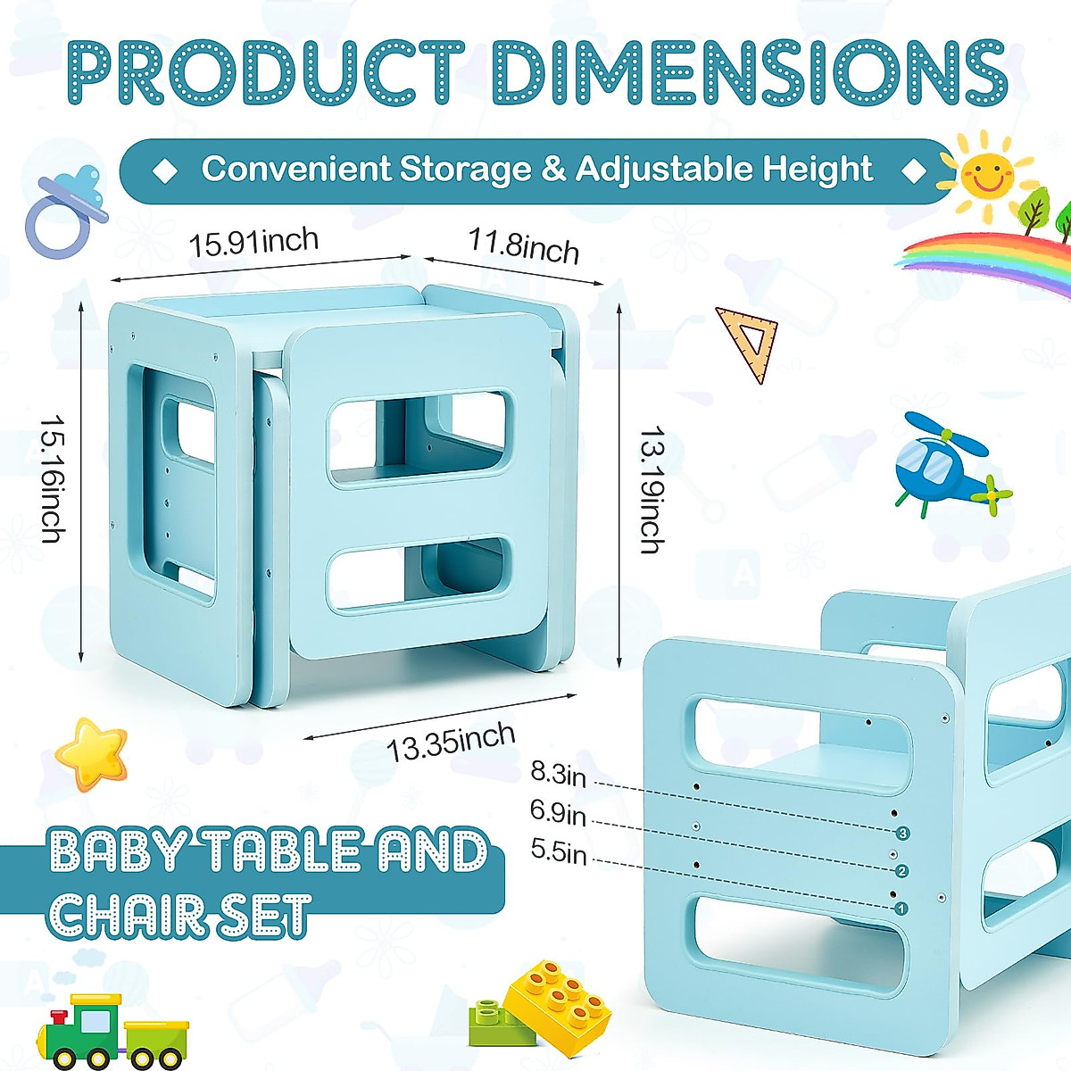 Beeveer Montessori Weaning Table and Chair Set Kids Toddler Wooden Table and Chair Set Adjustable Height Weaning Table with Fence for 8 Mouth-4 Years Old Activity Reading Play Toys Gift(Blue)