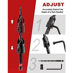 EZARC Countersink Drill Bit Set, 3 PCS Tapered Drill Bits Counter Sinker Set, 1/4" Hex Shank Quick Change for Woodworking, Pilot Screw Hole Set