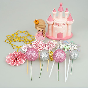 19PCS Princess Cake Topper Castle Cake Decoration for Girl with Snowflake and Stars for Girl Kid Happy Birthday Party Decorations Princess Baby Shower Supplies (Pink)