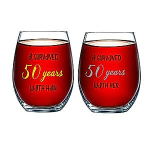 Auch 50th Anniversary Present for Parents, 50th Wedding Anniversary Glass for Spouse Couple, I Survived 50 Years With Him Her